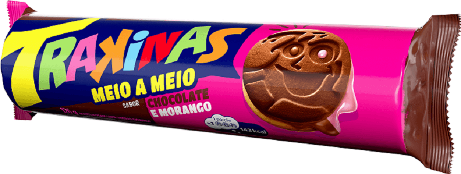 BISCOITO TRAKINAS RECHEADO SABOR CHOCOLATE E MORANGO 126G - Doces Vaz