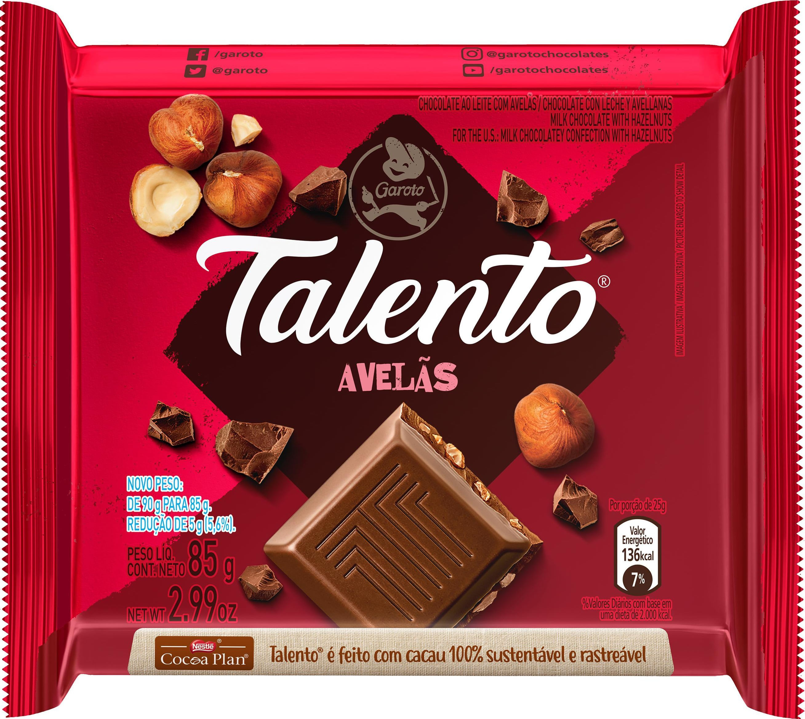 CHOCOLATE TALENTO COM AVELAS CONTEM 12 UNIDADES DE 85G CADA - Doces Vaz