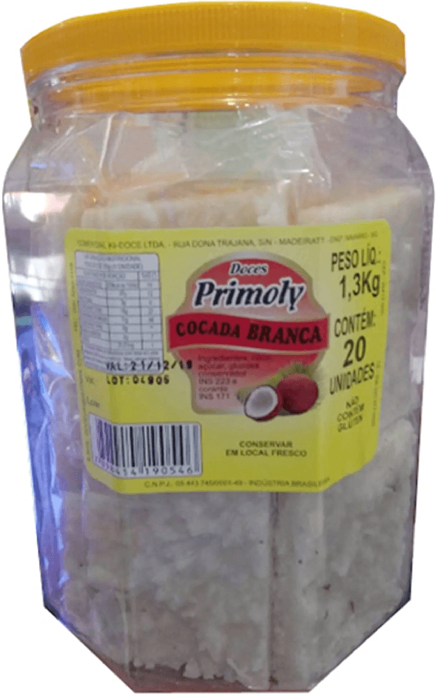 COCADA BRANCA QUADRADA COM 20 UNIDADES 1.3KG PRIMOLY - Doces Vaz