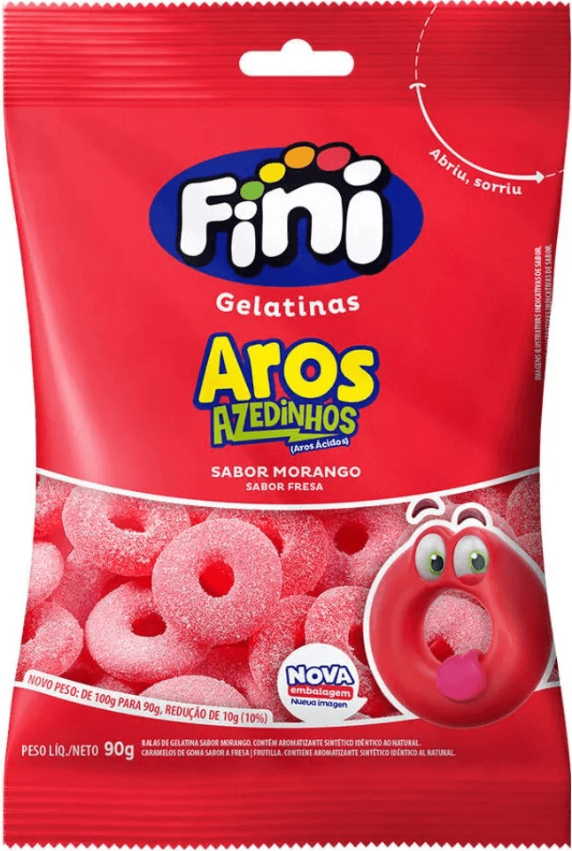 BALA AROS AZEDINHA SABOR MORANGO 90G FINI - Doces Vaz