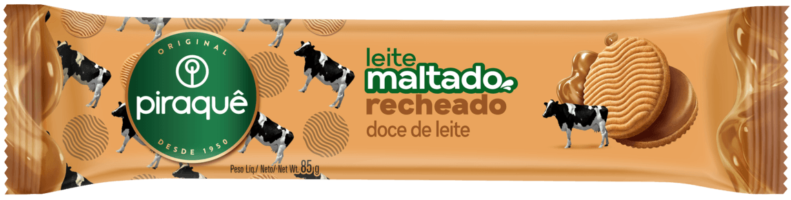 BISCOITO DOCE COM LEITE MALTADO E RECHEIO COM DOCE DE LEITE 85G PIRAQUE - Doces Vaz